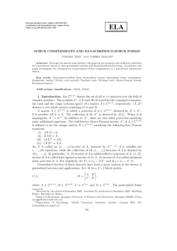 (PDF) Schur complements and Banachiewicz-Schur forms