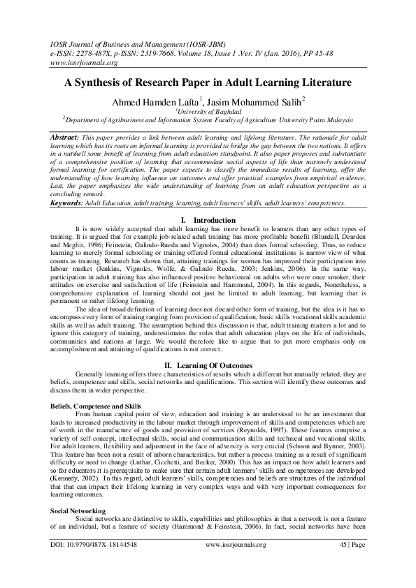 (PDF) A Synthesis of Research Paper in Adult Learning Literature