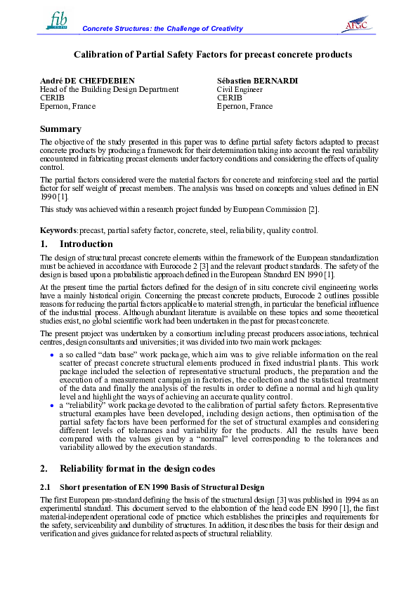 Pdf Calibration Of Partial Safety Factors For Precast Concrete Products