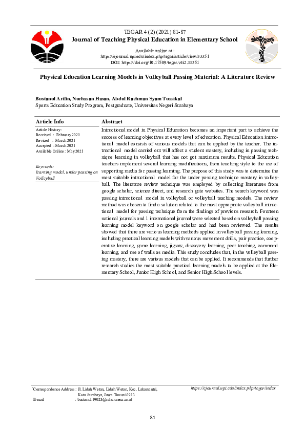 (PDF) Physical Education Intructional Models in Volleyball Passing ...