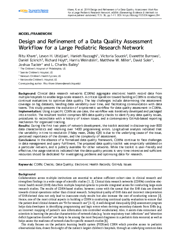 (PDF) Design and Refinement of a Data Quality Assessment Workflow for a Large Pediatric Research ...