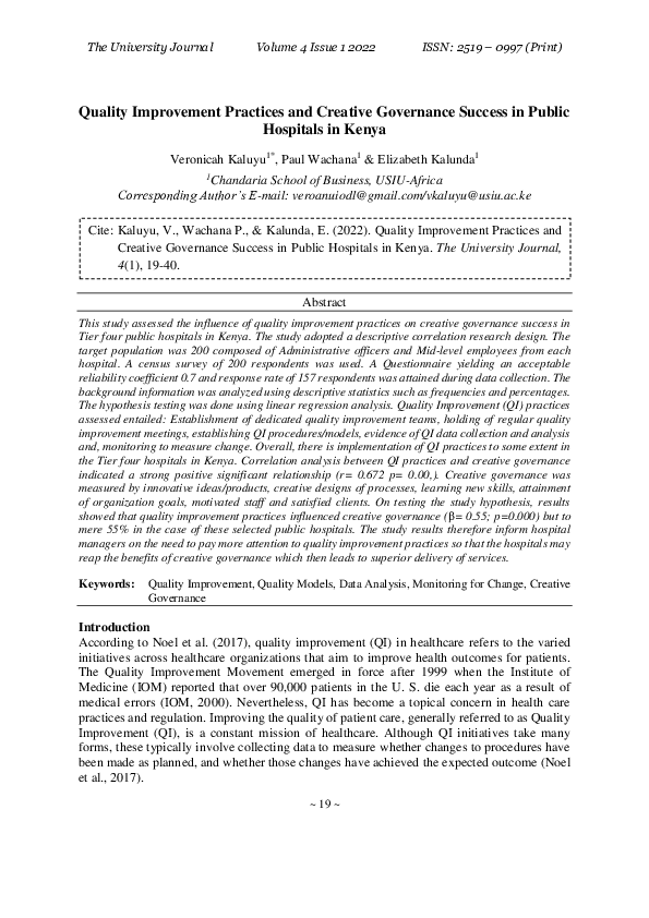 (PDF) Quality improvement practices and creative governance success in public hospitals in Kenya