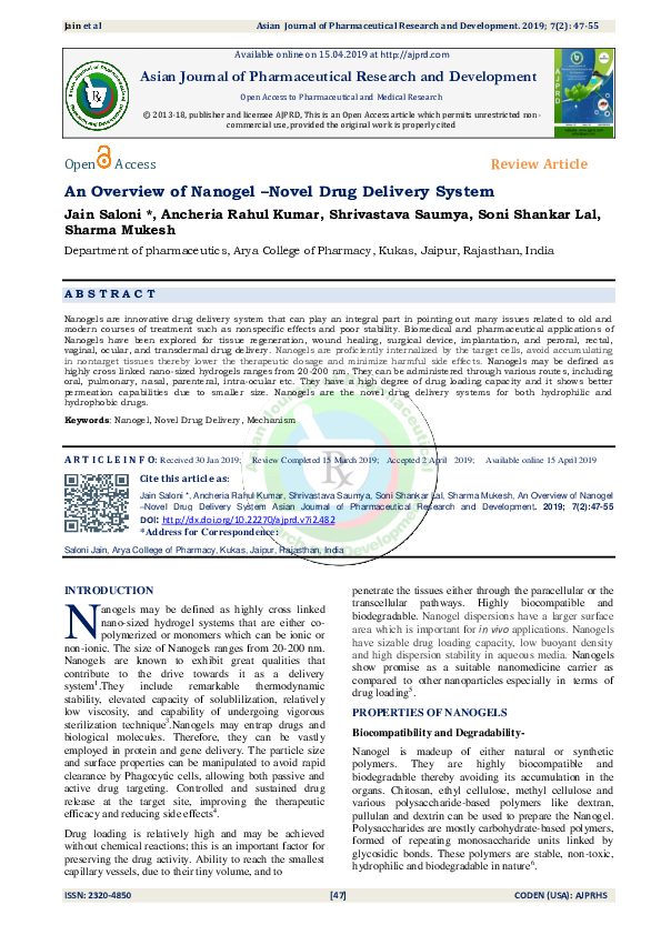 (PDF) An Overview of Nanogel –Novel Drug Delivery System