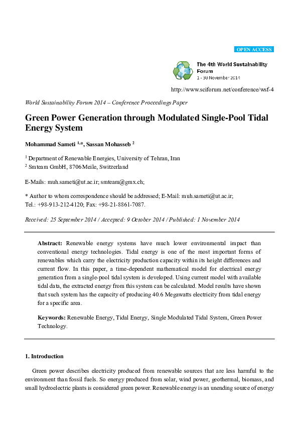 (PDF) Green Power Generation through Modulated Single-Pool Tidal Energy System