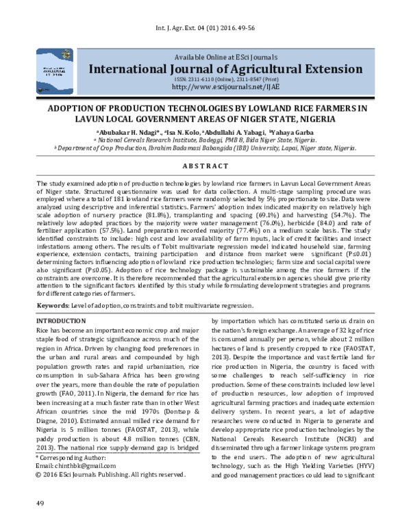 (PDF) Adoption of Production Technologies by Lowland Rice Farmers in Lavun Local Government ...