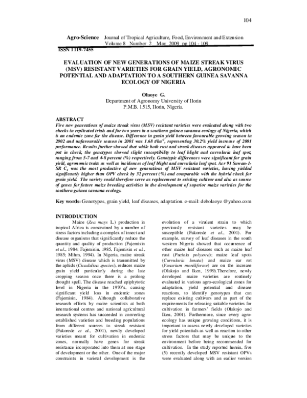 (PDF) Evaluation of new generations of maize streak virus (msv ...