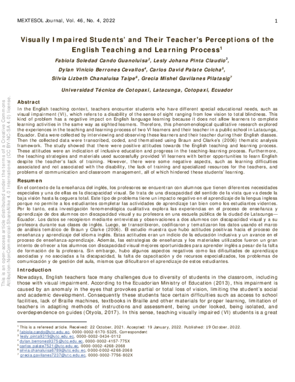 (PDF) Visually Impaired Students' and Their Teacher's Perceptions of ...