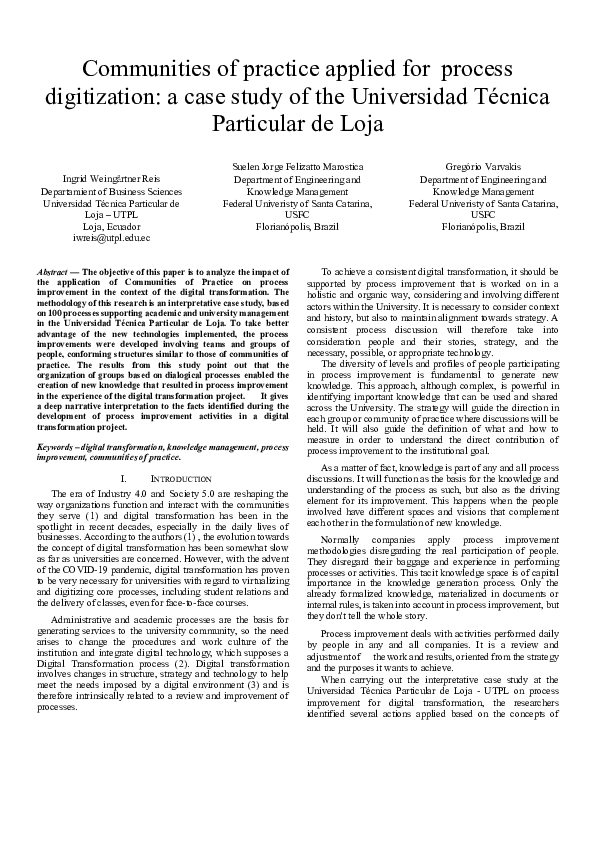 (PDF) Communities of practice applied for process digitization: a case study of the Universidad ...