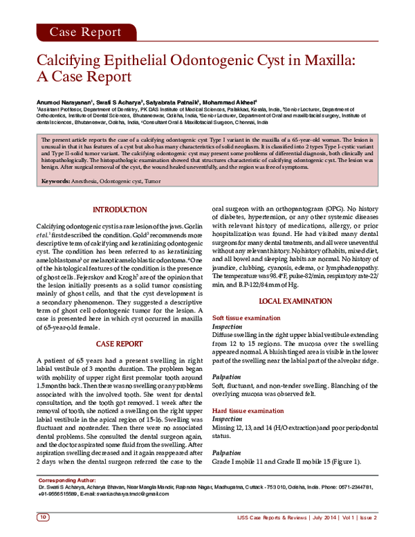 (PDF) Calcifying Epithelial Odontogenic Cyst in Maxilla: A Case Report