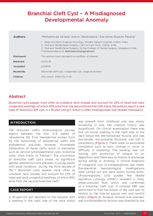 (PDF) Branchial Cleft Cyst – A Misdiagnosed Developmental Anomaly