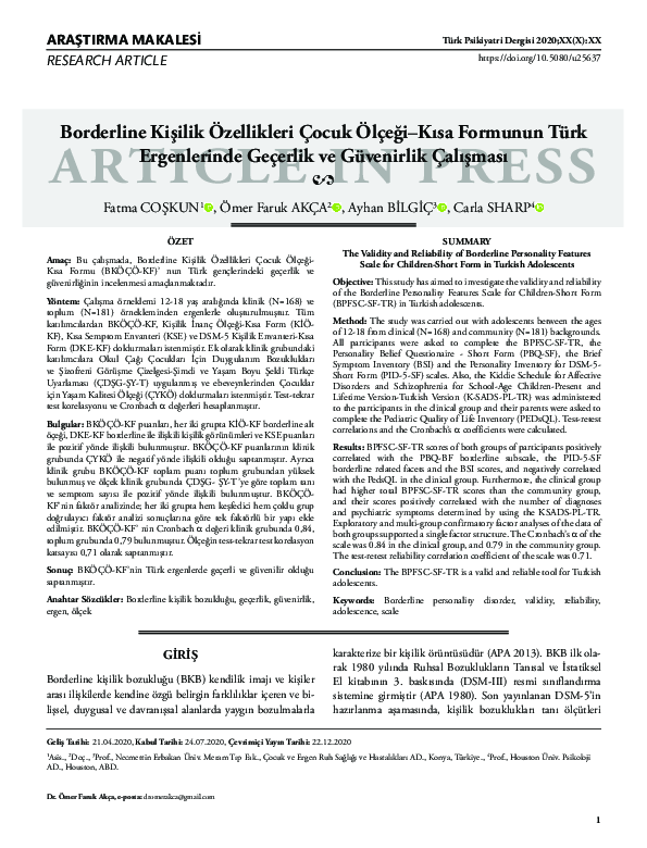 (PDF) The Validity and Reliability of Borderline Personality Features Scale for Children-Short ...