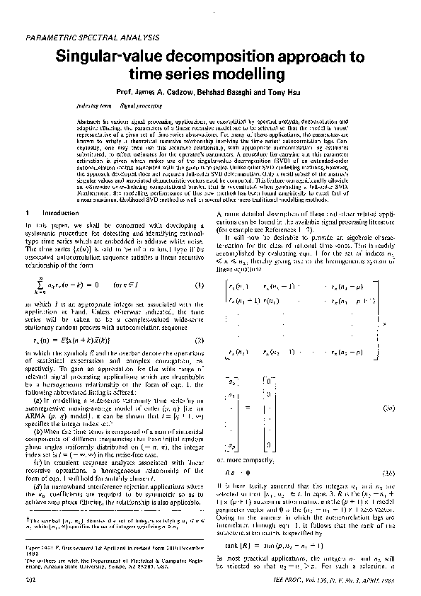 Pdf Singular Value Decomposition Approach To Time Series Modelling