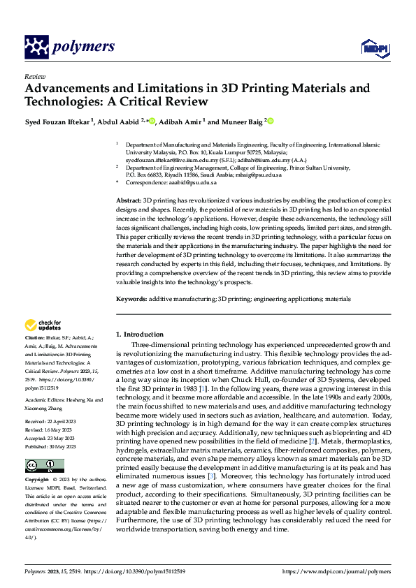 (PDF) Advancements and Limitations in 3D Printing Materials and Technologies: A Critical Review