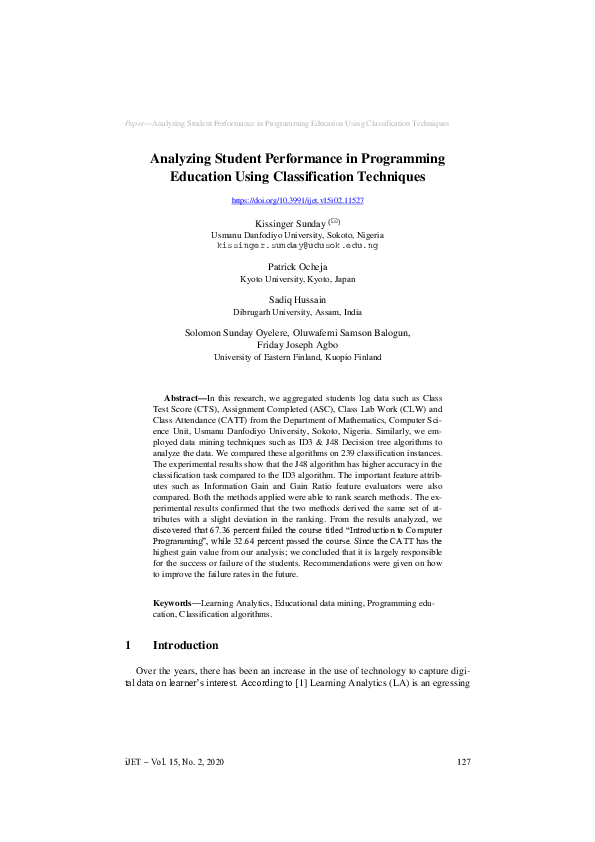 (PDF) Analyzing Student Performance in Programming Education Using Classification Techniques