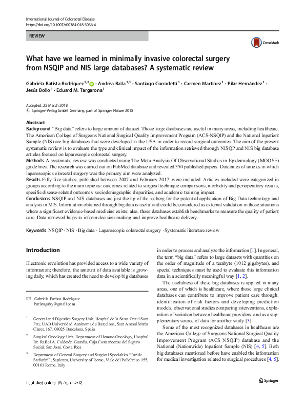 (PDF) What have we learned in minimally invasive colorectal surgery from NSQIP and NIS large ...