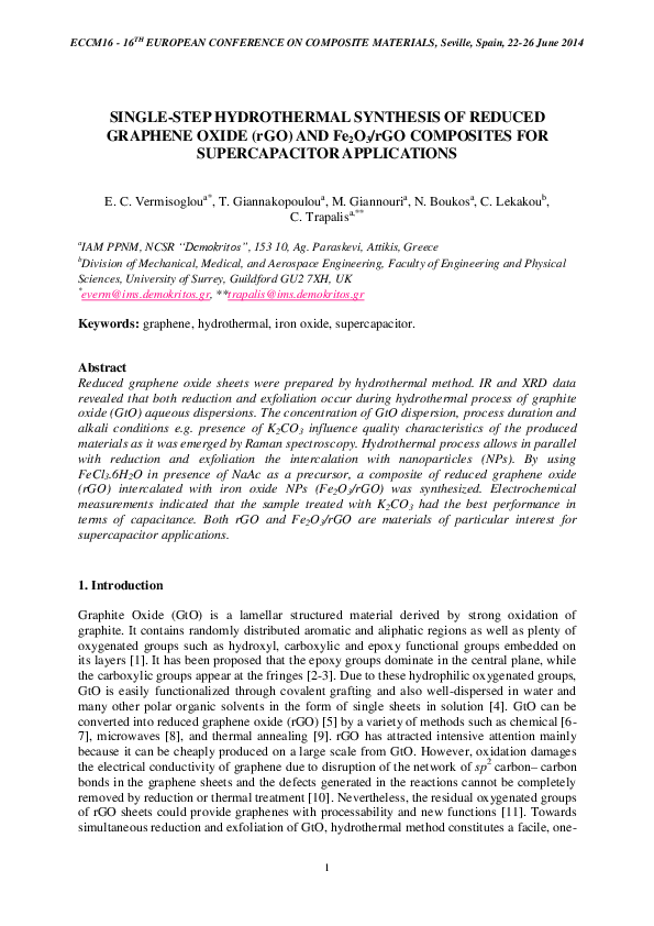 (PDF) Single-step hydrothermal synthesis of reduced graphene oxide (rGO) and Fe2O3/rGO ...