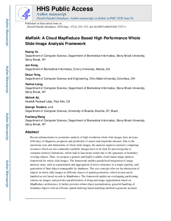 (PDF) MaReIA: a cloud MapReduce based high performance whole slide image analysis framework