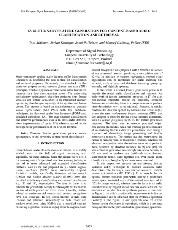 (PDF) Evolutionary Feature Generation For Content-Based Audio Classification And Retrieval