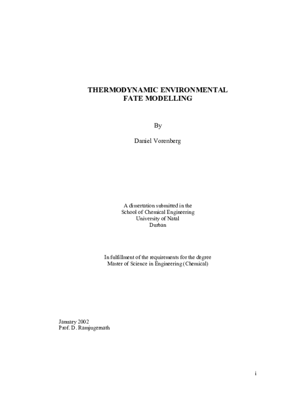 (PDF) i THERMODYNAMIC ENVIRONMENTAL FATE MODELLING By | Daniel ...