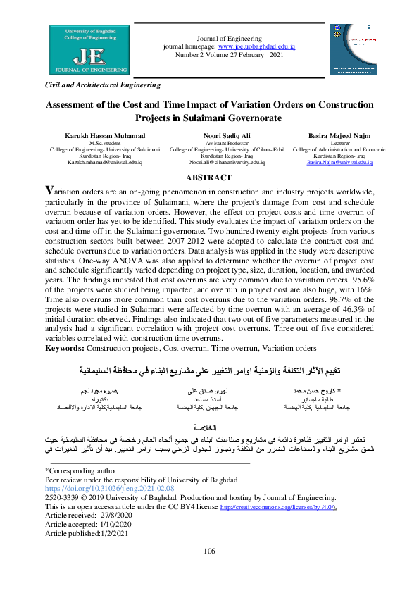 (PDF) Assessment of the Cost and Time Impact of Variation Orders on Construction Projects in ...