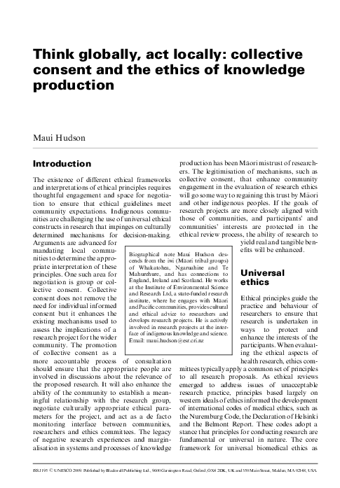 (PDF) Think globally, act locally: collective consent and the ethics of knowledge production