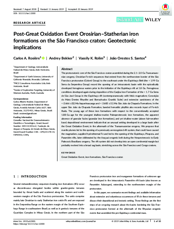 (PDF) Post‐Great Oxidation Event Orosirian–Statherian iron formations ...