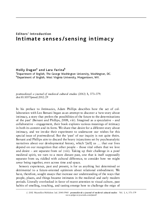 (PDF) Intimate senses/sensing intimacy