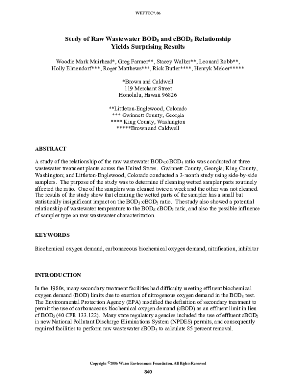 (PDF) Study of Raw Wastewater BOD5 and cBOD5 Relationship Yields Surprising Results
