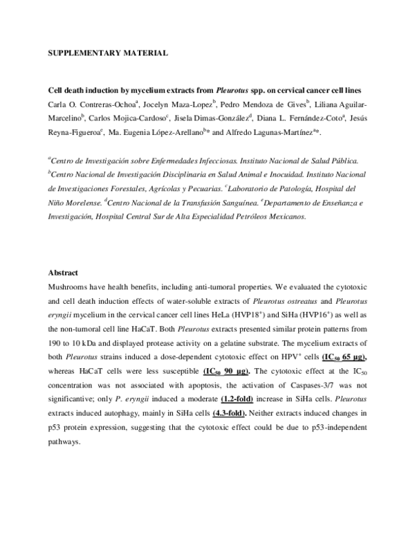 Pdf Cell Death Induction By Mycelium Extracts From Pleurotus Spp On