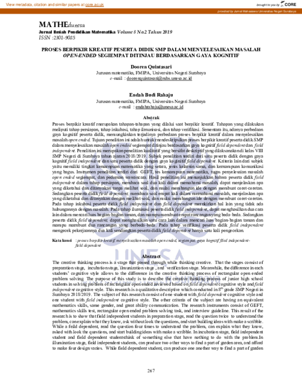 (PDF) Proses Berpikir Kreatif Peserta Didik SMP dalam Menyelesaikan Masalah Open Ended Segiempat ...
