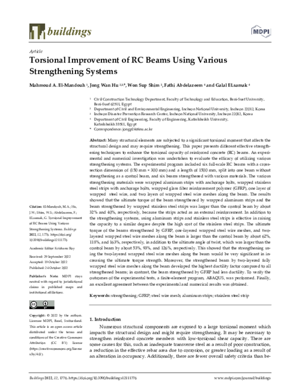 Pdf Torsional Improvement Of Rc Beams Using Various Strengthening Systems