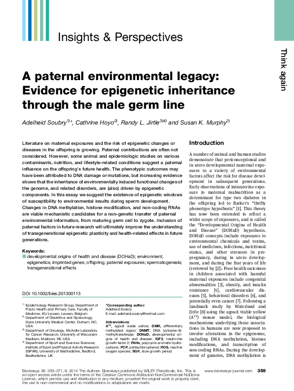 (PDF) A paternal environmental legacy: Evidence for epigenetic ...