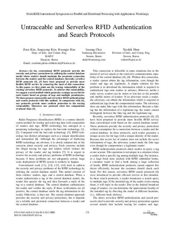 (PDF) Untraceable and Serverless RFID Authentication and Search Protocols