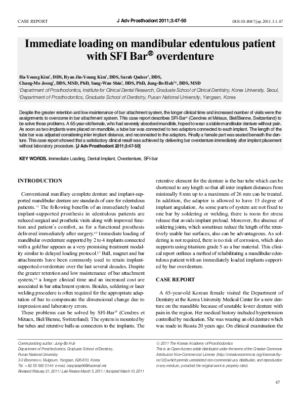 (PDF) Immediate loading on mandibular edentulous patient with SFI Bar® overdenture