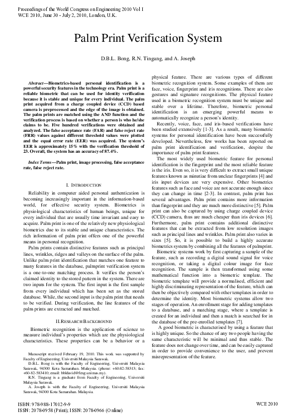 (PDF) Palm Print Verification System