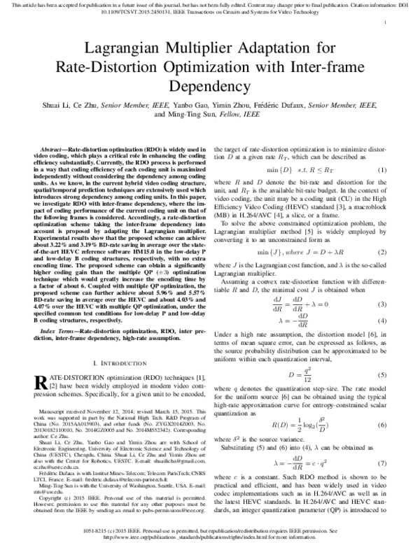 (PDF) Lagrangian Multiplier Adaptation for Rate-Distortion Optimization With Inter-Frame Dependency