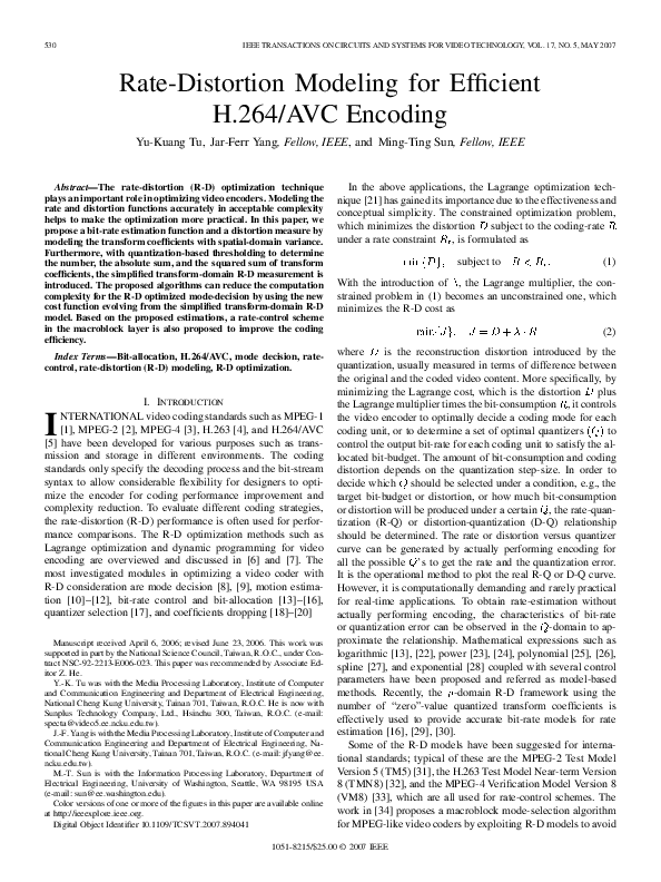 (PDF) Rate-Distortion Modeling for Efficient H.264/AVC Encoding