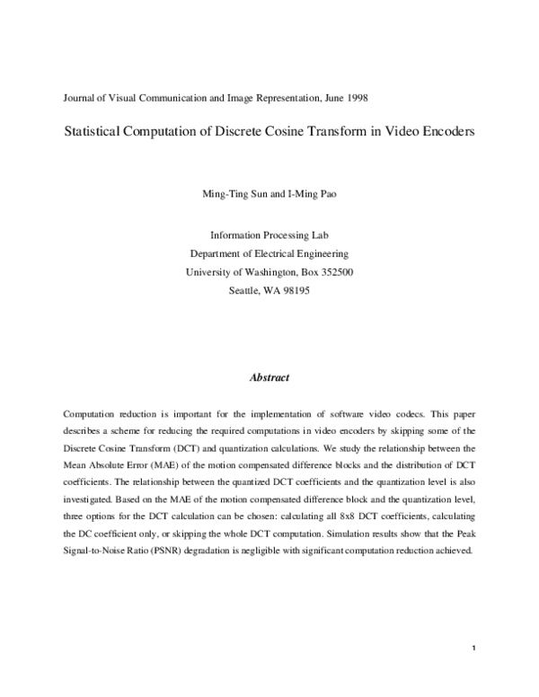 Pdf Statistical Computation Of Discrete Cosine Transform In Video Encoders