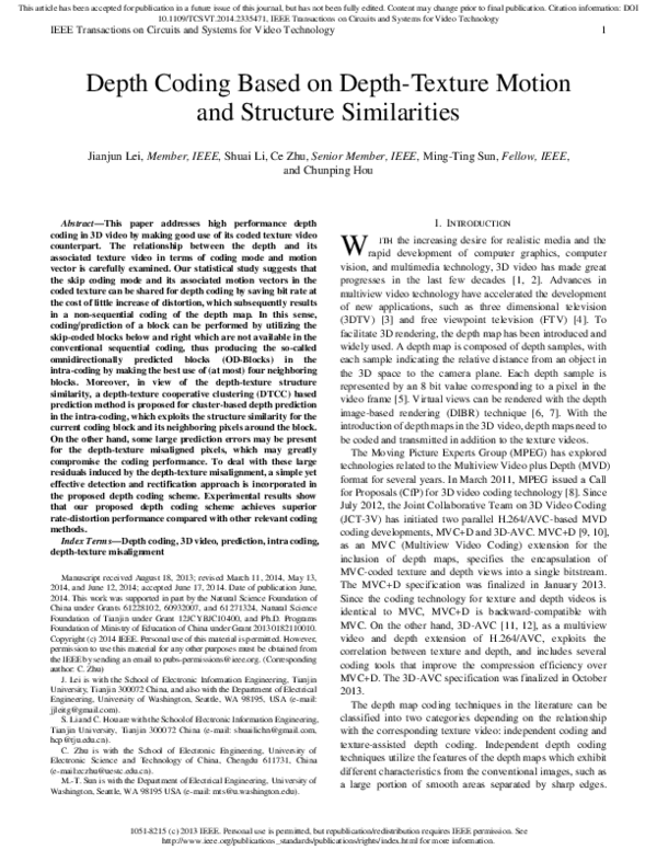 (PDF) Depth Coding Based on Depth-Texture Motion and Structure ...