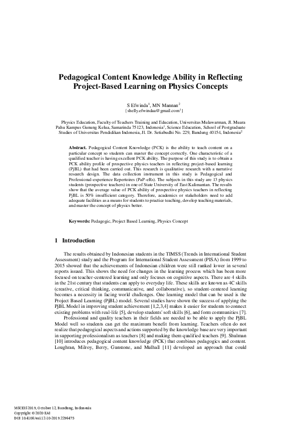 (PDF) Pedagogical Content Knowledge Ability in Reflecting Project-Based ...