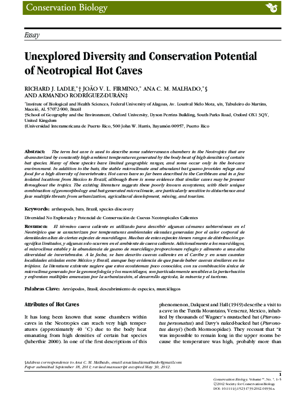 (PDF) Unexplored Diversity and Conservation Potential of Neotropical Hot Caves