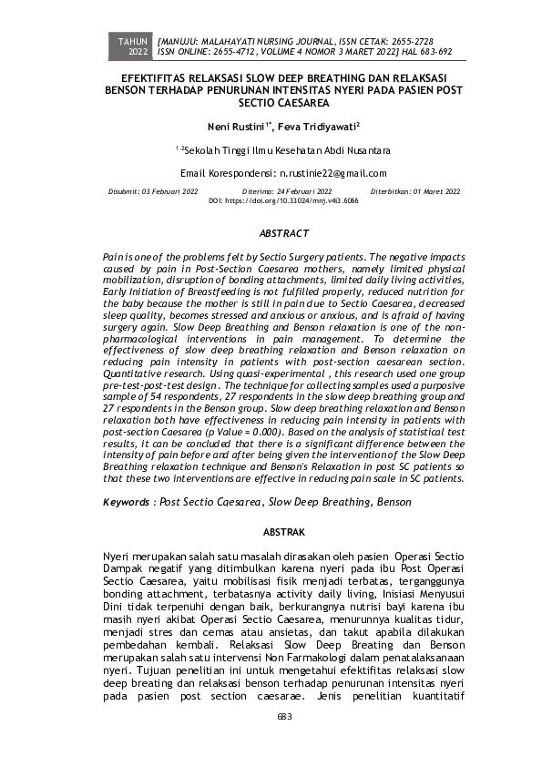 (PDF) Efektifitas Relaksasi Slow Deep Breathing Dan Relaksasi Benson Terhadap Penurunan ...