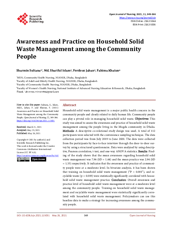 (PDF) Awareness and Practice on Household Solid Waste Management among ...