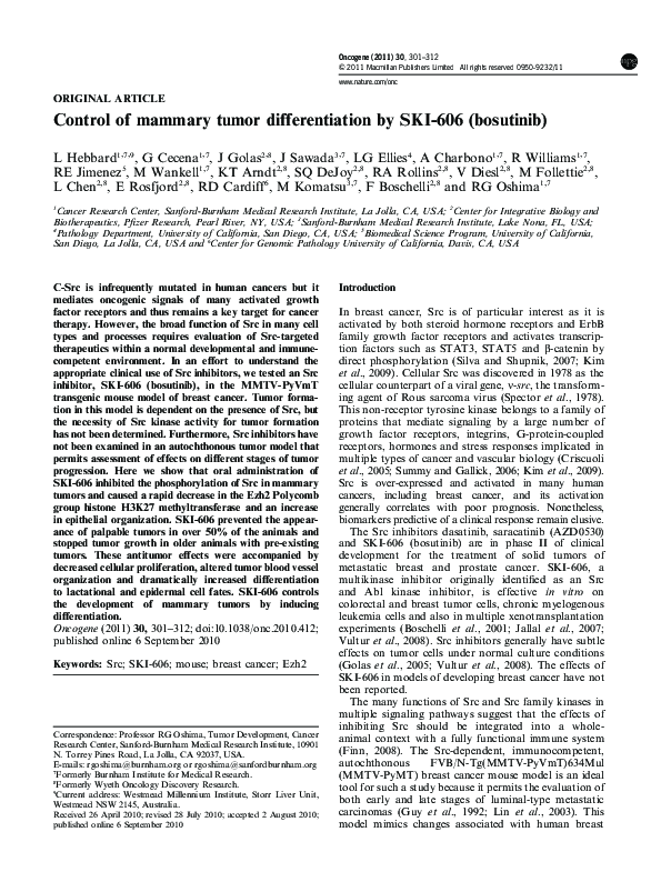 (PDF) Control of mammary tumor differentiation by SKI-606 (bosutinib ...