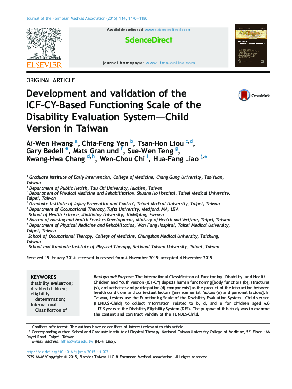 (PDF) Development and validation of the ICF-CY-Based Functioning Scale of the Disability ...