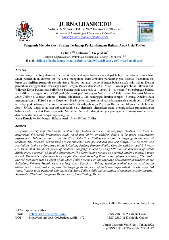 (PDF) Pengaruh Metode Story Telling Terhadap Perkembangan Bahasa Anak Usia Todler