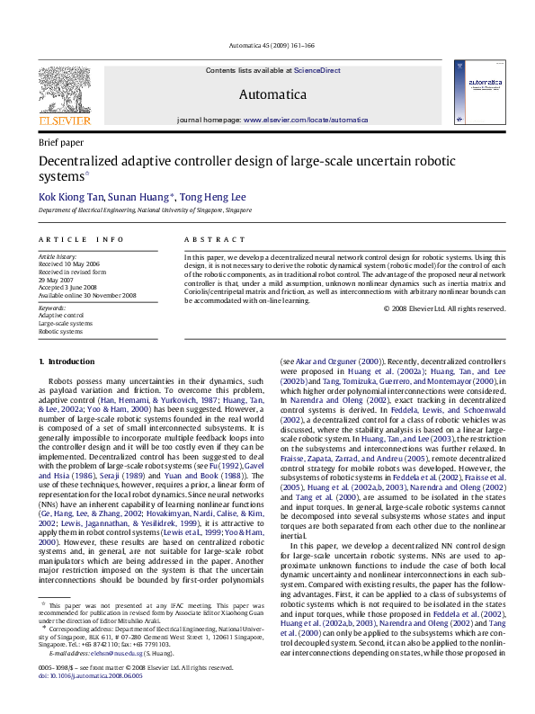 (PDF) Decentralized adaptive controller design of large-scale uncertain robotic systems
