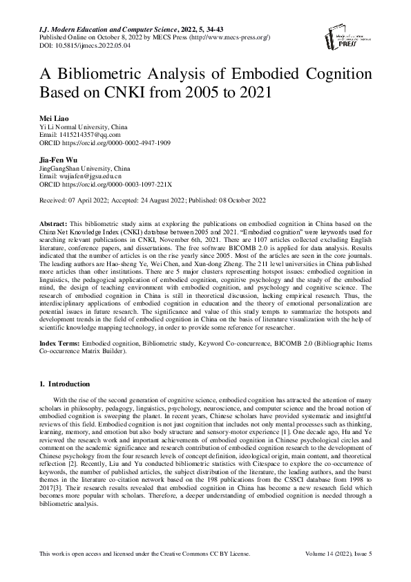 (PDF) A Bibliometric Analysis of Embodied Cognition Based on CNKI from 2005 to 2021
