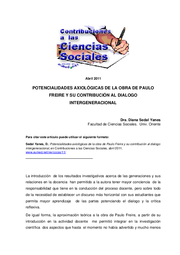 (PDF) Potencialidades Axiológicas De La Obra De Paulo Freire y Su Contribución Al Dialogo ...