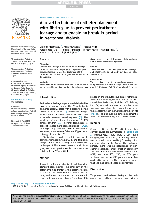 (PDF) A novel technique of catheter placement with fibrin glue to prevent pericatheter leakage ...